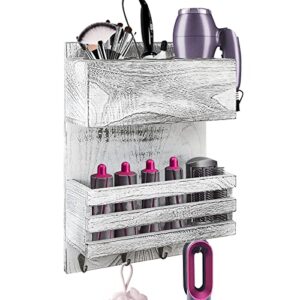 hair tool organizer - wooden wall mounted hair care storage solution with multiple compartments for hair blow dryer, straightener, curling iron,makeup - space saving hair styling tool holder