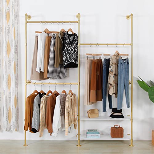 EDCB Industrial Pipe Clothing Rack with Shelves Closet Rods System, Double Hanging Rods Wall Mounted Clothes Rack Heavy Duty, Detachable Garment Bar (91.5X72inch, Gold)