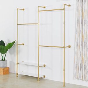 EDCB Industrial Pipe Clothing Rack with Shelves Closet Rods System, Double Hanging Rods Wall Mounted Clothes Rack Heavy Duty, Detachable Garment Bar (91.5X72inch, Gold)