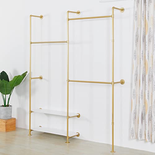 EDCB Industrial Pipe Clothing Rack with Shelves Closet Rods System, Double Hanging Rods Wall Mounted Clothes Rack Heavy Duty, Detachable Garment Bar (91.5X72inch, Gold)