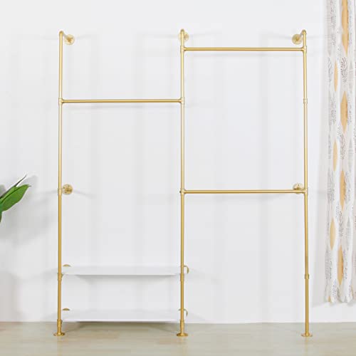 EDCB Industrial Pipe Clothing Rack with Shelves Closet Rods System, Double Hanging Rods Wall Mounted Clothes Rack Heavy Duty, Detachable Garment Bar (91.5X72inch, Gold)