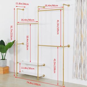 EDCB Industrial Pipe Clothing Rack with Shelves Closet Rods System, Double Hanging Rods Wall Mounted Clothes Rack Heavy Duty, Detachable Garment Bar (91.5X72inch, Gold)