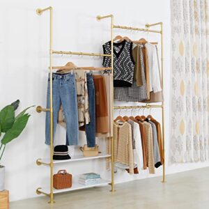 EDCB Industrial Pipe Clothing Rack with Shelves Closet Rods System, Double Hanging Rods Wall Mounted Clothes Rack Heavy Duty, Detachable Garment Bar (91.5X72inch, Gold)