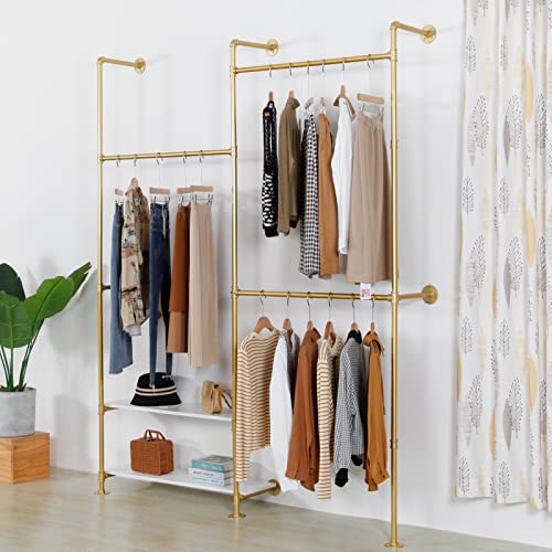 EDCB Industrial Pipe Clothing Rack with Shelves Closet Rods System, Double Hanging Rods Wall Mounted Clothes Rack Heavy Duty, Detachable Garment Bar (91.5X72inch, Gold)