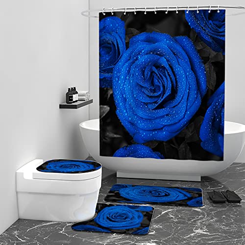 CiFan 4 Pcs Blue Rose Shower Curtain Sets with Rugs,Toilet Lid Cover and Bath Mat Flower Bathroom Sets with Rugs Delicate Roses Shower Curtain for Bathroom Decor Waterproof Shower Curtains