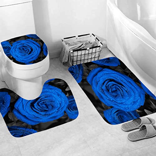 CiFan 4 Pcs Blue Rose Shower Curtain Sets with Rugs,Toilet Lid Cover and Bath Mat Flower Bathroom Sets with Rugs Delicate Roses Shower Curtain for Bathroom Decor Waterproof Shower Curtains