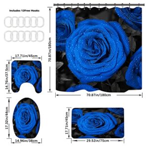 CiFan 4 Pcs Blue Rose Shower Curtain Sets with Rugs,Toilet Lid Cover and Bath Mat Flower Bathroom Sets with Rugs Delicate Roses Shower Curtain for Bathroom Decor Waterproof Shower Curtains