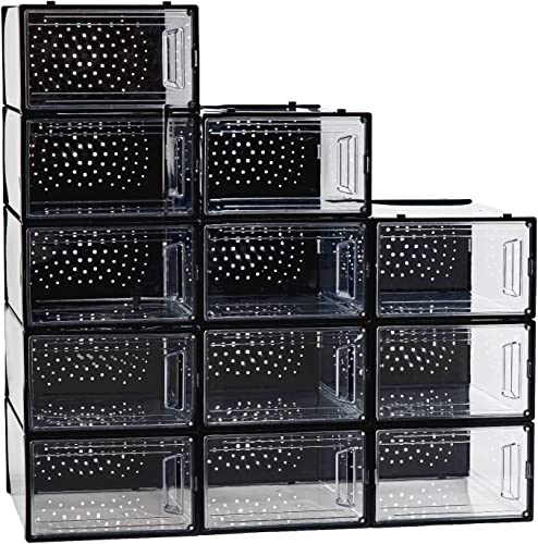 MMBABY 12 Pack Shoe Storage Box Shoe Box Clear Plastic Stackable Shoe Organizer Space Saving Foldable Shoe Container Fit up to US Size 9