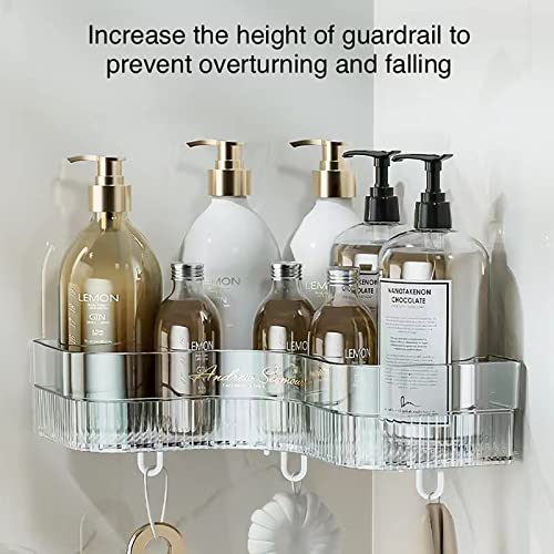 KQJS Corner Shower Caddy shelf,2-Pack Adhesive Shower Organizer Plastic Shower Shelf with 3 Hooks,No Drilling Shower Organizer,Wall Mounted with Large Capacity Shower Shelves (Transparent)