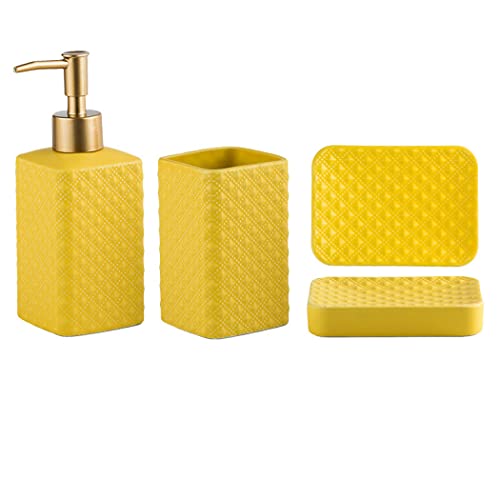 jessie 3 or 4-Piece Ceramic Bath Accessory Set Includes Liquid Soap Lotion Dispenser, Toothbrush Holder, Tumbler, Soap Dish Embossed Matte Bathroom Gift Set (Embossed Matte Yellow Three-Piece Suit)