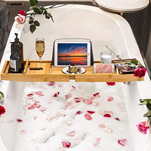 Sorfity Bathtub Caddy & Laptop Bed Desk - 2 in 1, Bath Tray Built-in Stand for Books or Tablets, Bathtub Holder and Organizer with Smartphone and Wine Glass Holder, Tablet Holder