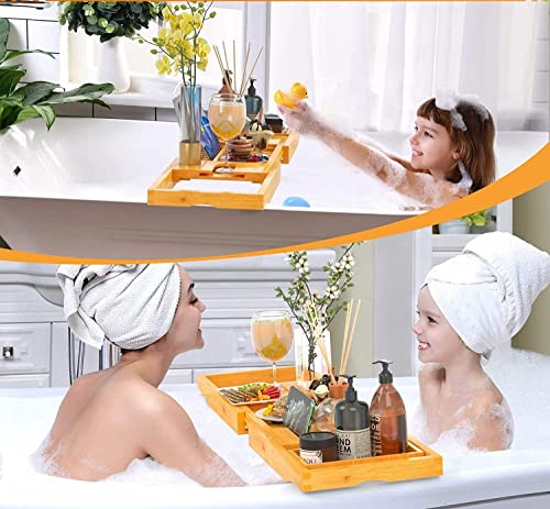 Sorfity Bathtub Caddy & Laptop Bed Desk - 2 in 1, Bath Tray Built-in Stand for Books or Tablets, Bathtub Holder and Organizer with Smartphone and Wine Glass Holder, Tablet Holder