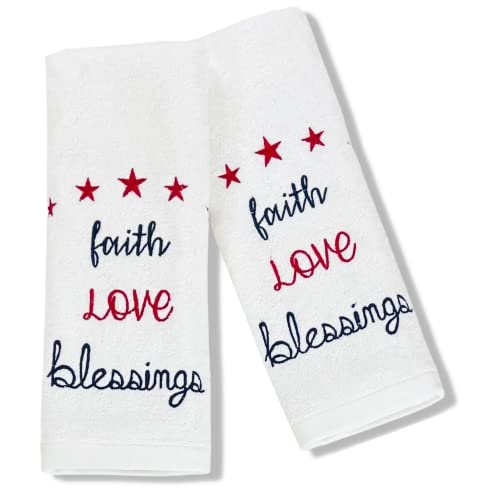 VCNY Home Patriotic White Hand Towels: Luxury Soft Absorbent Terry Cloth Embroidered American Sentiments: Faith Love Blessings, 16" by 28" Inch, 2 Piece