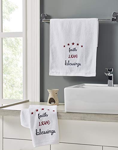 VCNY Home Patriotic White Hand Towels: Luxury Soft Absorbent Terry Cloth Embroidered American Sentiments: Faith Love Blessings, 16" by 28" Inch, 2 Piece