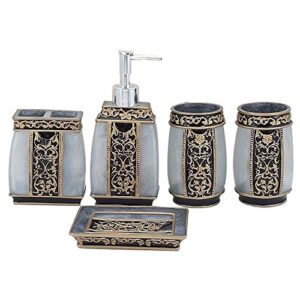 luant creative bath ensemble, 5 piece bathroom accessories set, collection bath set features soap dispenser, toothbrush holder, tumbler, & soap dish- silver