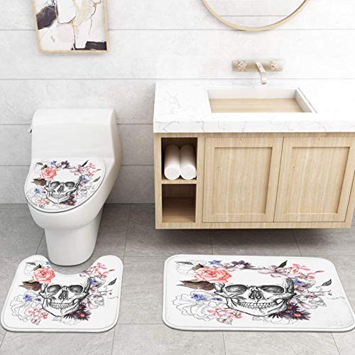 Britimes 4 Piece Shower Curtain Sets, Skull Flower with Non-Slip Rugs, Toilet Lid Cover and Bath Mat, Durable and Waterproof, for Bathroom Decor Set, 72" x 72"