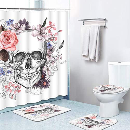 Britimes 4 Piece Shower Curtain Sets, Skull Flower with Non-Slip Rugs, Toilet Lid Cover and Bath Mat, Durable and Waterproof, for Bathroom Decor Set, 72" x 72"