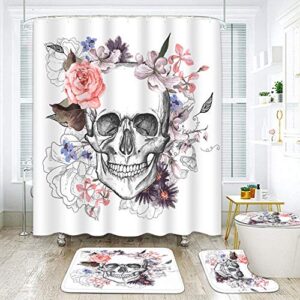 Britimes 4 Piece Shower Curtain Sets, Skull Flower with Non-Slip Rugs, Toilet Lid Cover and Bath Mat, Durable and Waterproof, for Bathroom Decor Set, 72" x 72"