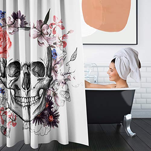 Britimes 4 Piece Shower Curtain Sets, Skull Flower with Non-Slip Rugs, Toilet Lid Cover and Bath Mat, Durable and Waterproof, for Bathroom Decor Set, 72" x 72"