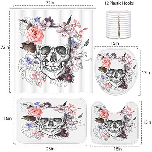 Britimes 4 Piece Shower Curtain Sets, Skull Flower with Non-Slip Rugs, Toilet Lid Cover and Bath Mat, Durable and Waterproof, for Bathroom Decor Set, 72" x 72"