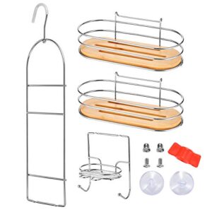 ToiletTree Products Stainless Steel & Bamboo Hanging Caddy - Over-The-Head Shower Organizer with Hooks & Suction Cups - Rustproof Heavy-Duty Metal & Wooden Caddy for Bathrooms