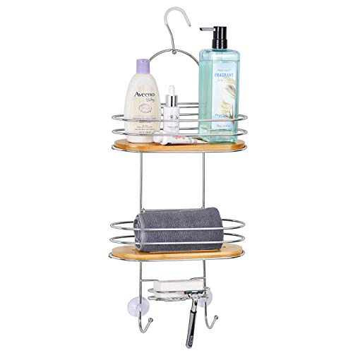 ToiletTree Products Stainless Steel & Bamboo Hanging Caddy - Over-The-Head Shower Organizer with Hooks & Suction Cups - Rustproof Heavy-Duty Metal & Wooden Caddy for Bathrooms