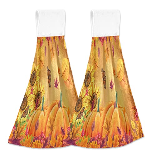 Sunflower Butterfly Pumpkin Hanging Kitchen Towels 2 Pack Dish Cloth Tie Towel, Autumn Fall Maple Leaves Absorbent Soft Hand Towels with Hanging Loop for Bathroom Farmhouse Bar Tabletop Home Decor