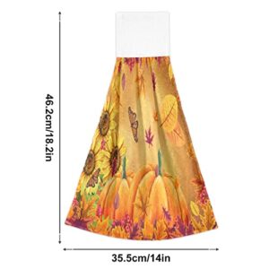 Sunflower Butterfly Pumpkin Hanging Kitchen Towels 2 Pack Dish Cloth Tie Towel, Autumn Fall Maple Leaves Absorbent Soft Hand Towels with Hanging Loop for Bathroom Farmhouse Bar Tabletop Home Decor