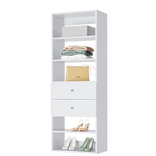 Closet Shelves Tower - Modular Closet System with Drawers (2) - Corner Closet System - Closet Organizers and Storage Shelves (White, 19.5 inches Wide) Closet Shelving