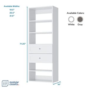 Closet Shelves Tower - Modular Closet System with Drawers (2) - Corner Closet System - Closet Organizers and Storage Shelves (White, 19.5 inches Wide) Closet Shelving