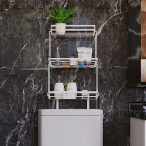 VIREESR Over The Toilet Storage Shelf, 1/2/3 Tier Bathroom Metal Storage Organizer Punch-Free Toliet Storage Shelf, Home Storage Rack with Hooks (3 Tier, White)