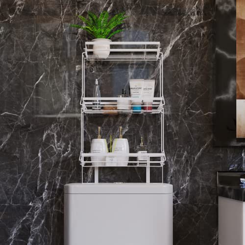 VIREESR Over The Toilet Storage Shelf, 1/2/3 Tier Bathroom Metal Storage Organizer Punch-Free Toliet Storage Shelf, Home Storage Rack with Hooks (3 Tier, White)