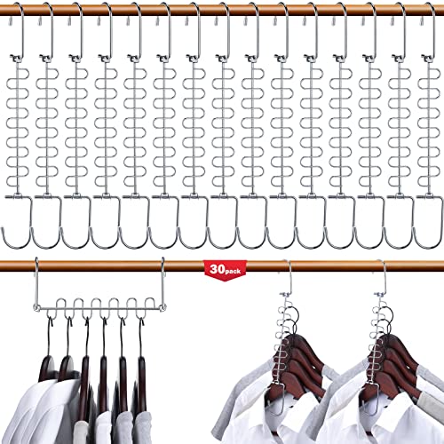 30 Pack Space Saving Hangers 12 Slots Stainless Steel Clothes Hangers Silver Closet Hangers Space Saver Organizers Cascading Hanger for Bedroom Organization Dorm Room Essentials