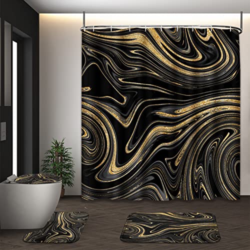 Tayney Marble Shower Curtain Sets with Toilet Lid Cover and Non-Slip Rugs, Black Gold Marbling 4 Pcs Bathroom Curtains Shower Set, Modern Abstract Ancient Art Bathroom Accessories Set with 12 Hooks