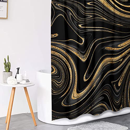 Tayney Marble Shower Curtain Sets with Toilet Lid Cover and Non-Slip Rugs, Black Gold Marbling 4 Pcs Bathroom Curtains Shower Set, Modern Abstract Ancient Art Bathroom Accessories Set with 12 Hooks