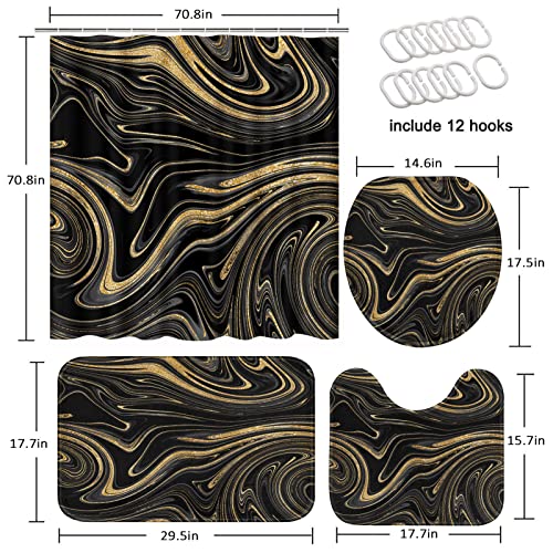 Tayney Marble Shower Curtain Sets with Toilet Lid Cover and Non-Slip Rugs, Black Gold Marbling 4 Pcs Bathroom Curtains Shower Set, Modern Abstract Ancient Art Bathroom Accessories Set with 12 Hooks