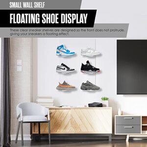 Houseables Shoe Display Shelves, Floating Wall Sneaker Rack, Sneakers Shelf Storage, 6 Pack, 8"x3"x2", Acrylic, Clear, Float Shoes, Cool Shelving Mount, Mounted Stand Holder for Footwear Collection