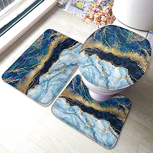 WONDERTIFY Blue Marble Bathroom Antiskid Pad Gold Foil and Glitter Marbling Wavy 3 Pieces Bathroom Rugs Set, Bath Mat+Contour+Toilet Lid Cover