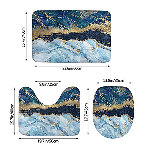 WONDERTIFY Blue Marble Bathroom Antiskid Pad Gold Foil and Glitter Marbling Wavy 3 Pieces Bathroom Rugs Set, Bath Mat+Contour+Toilet Lid Cover