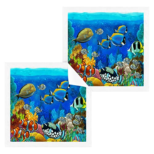 Kigai 2 Pack Sealife Fish Coral Washcloths – Soft Face Towels, Gym Towels, Hotel and Spa Quality, Reusable Pure Cotton Fingertip Towels