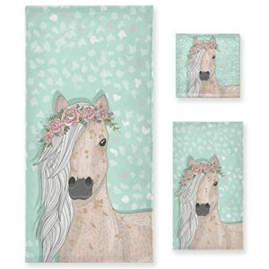 flower horse towel bathroom sets animal poney towel set of 3 blue soft highly absorbent towels 1 bath towel 1 hand towel 1 washcloth for kitchen beach gym spa decorative