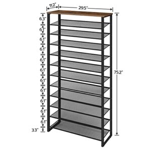 HOOBRO 12-Tier Shoe Rack, Large Capacity Shoe Storage Organizer, Holds 35-45 Pairs of Shoes, Metal Frame, Industrial, for Entryway, Closet, Hallway, Living Room, Rustic Brown and Black BF127XJ01