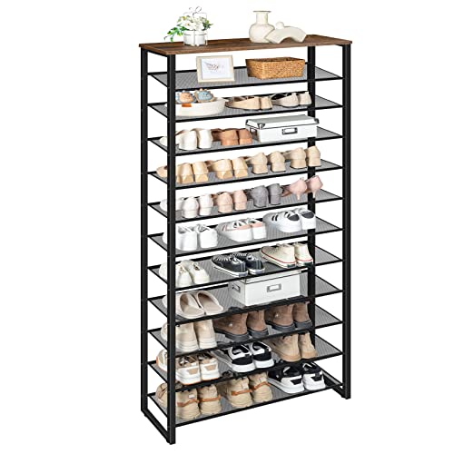 HOOBRO 12-Tier Shoe Rack, Large Capacity Shoe Storage Organizer, Holds 35-45 Pairs of Shoes, Metal Frame, Industrial, for Entryway, Closet, Hallway, Living Room, Rustic Brown and Black BF127XJ01