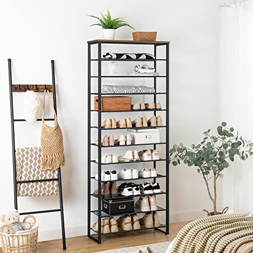 HOOBRO 12-Tier Shoe Rack, Large Capacity Shoe Storage Organizer, Holds 35-45 Pairs of Shoes, Metal Frame, Industrial, for Entryway, Closet, Hallway, Living Room, Rustic Brown and Black BF127XJ01