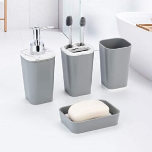 KRALIX Four Piece Bathroom Vanity Accessory Set - Includes Toothbrush Holder, Lotion Dispenser, Soap Dish and Tumbler - Grey