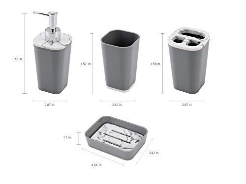 KRALIX Four Piece Bathroom Vanity Accessory Set - Includes Toothbrush Holder, Lotion Dispenser, Soap Dish and Tumbler - Grey