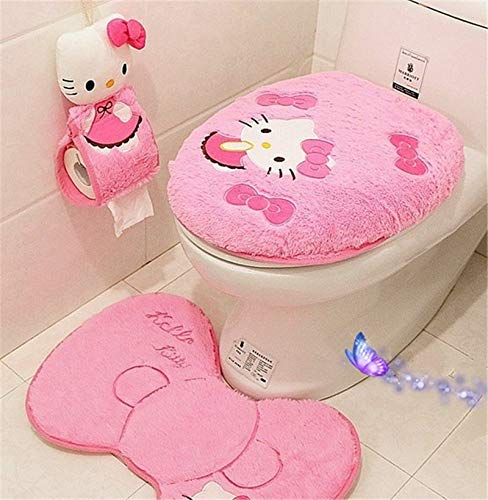 MODGHPT Hello Kitty 4-Piece Toilet Seat Set, Pink and Red, Pink