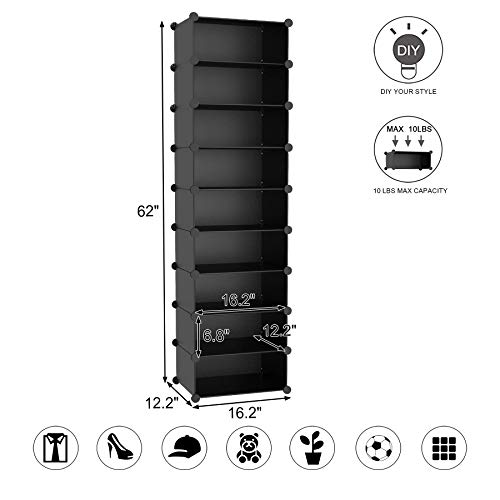 C&AHOME 9-Tier Shoe Rack, 18 Pairs Plastic Shoe Shelves, Modular Shoe Storage Organizer Units, Space Saving Closet Cabinet Ideal for Bedroom Living Room Entryway Hallway, 16.2"L × 12.2"W × 62"H Black