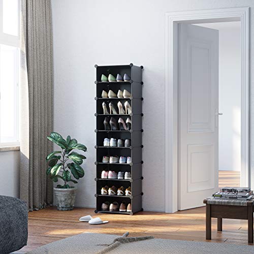 C&AHOME 9-Tier Shoe Rack, 18 Pairs Plastic Shoe Shelves, Modular Shoe Storage Organizer Units, Space Saving Closet Cabinet Ideal for Bedroom Living Room Entryway Hallway, 16.2"L × 12.2"W × 62"H Black