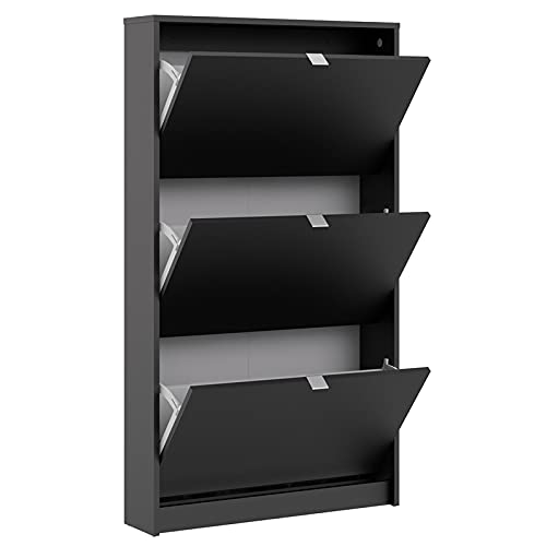 Pemberly Row Modern 3 Drawer Shoe Cabinet, 9-Pair Shoe Rack Storage Organizer in Black Matte